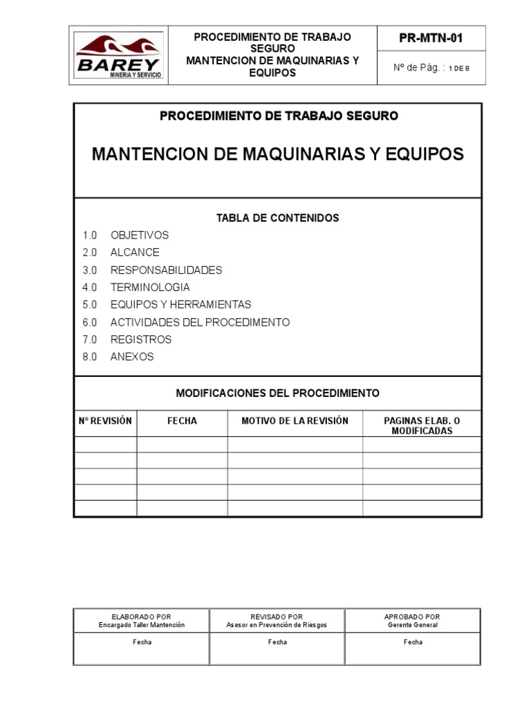Procedimiento de Trabajo Seguro Mantencion | PDF | Herramientas | Seguro