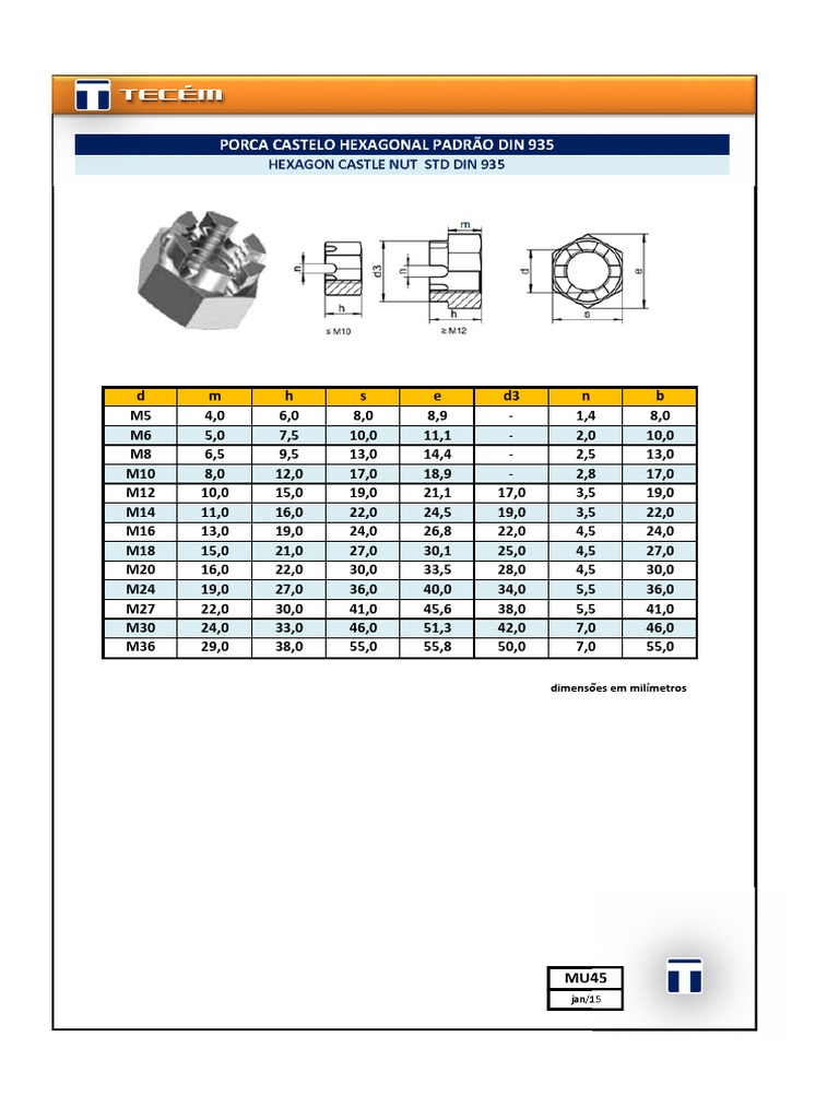 Tabela de Medidas de Porcas DIN 935 | PDF | Tecnologia e Engenharia