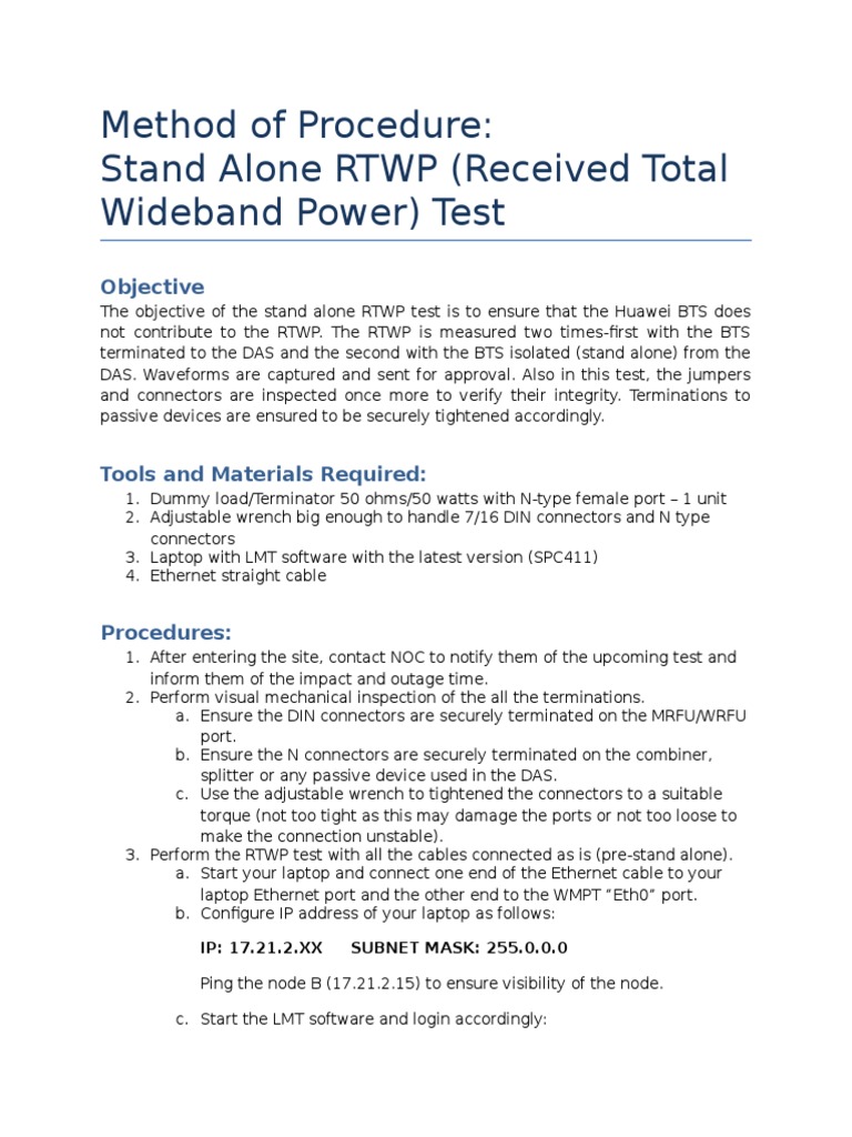 Method of Procedure - Stand Alone RTWP Measurement | PDF | Electrical ...