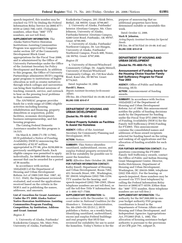 Notice: Grants and Cooperative Agreements Availability, Etc.: Housing ...