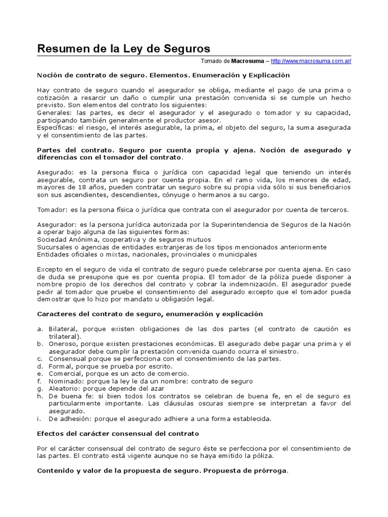 Ley Seguros Resumen | PDF | Póliza de seguros | Reaseguro