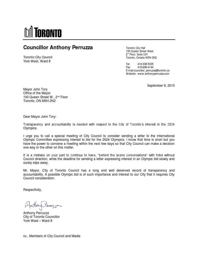 Councillor Anthony Perruzza's Public Letter To Mayor John Tory | PDF ...