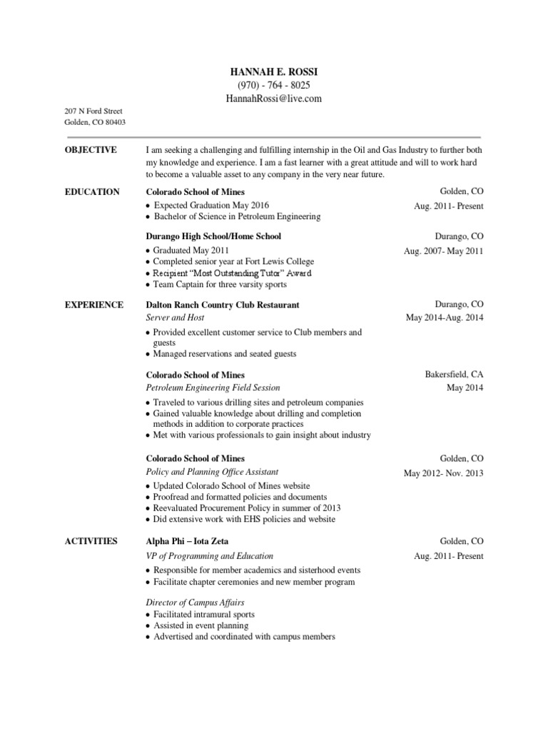 Petroleum Engineering Internship Resume | PDF