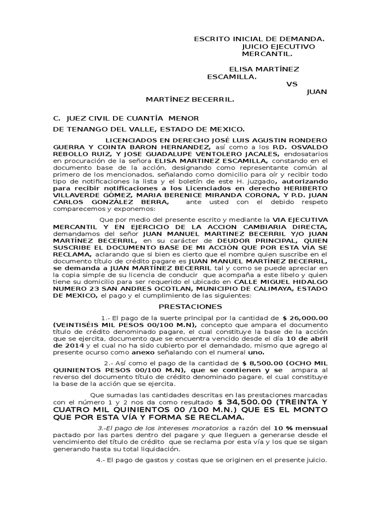 Escrito Inicial de Demanda | Pagos | Instrumento negociable
