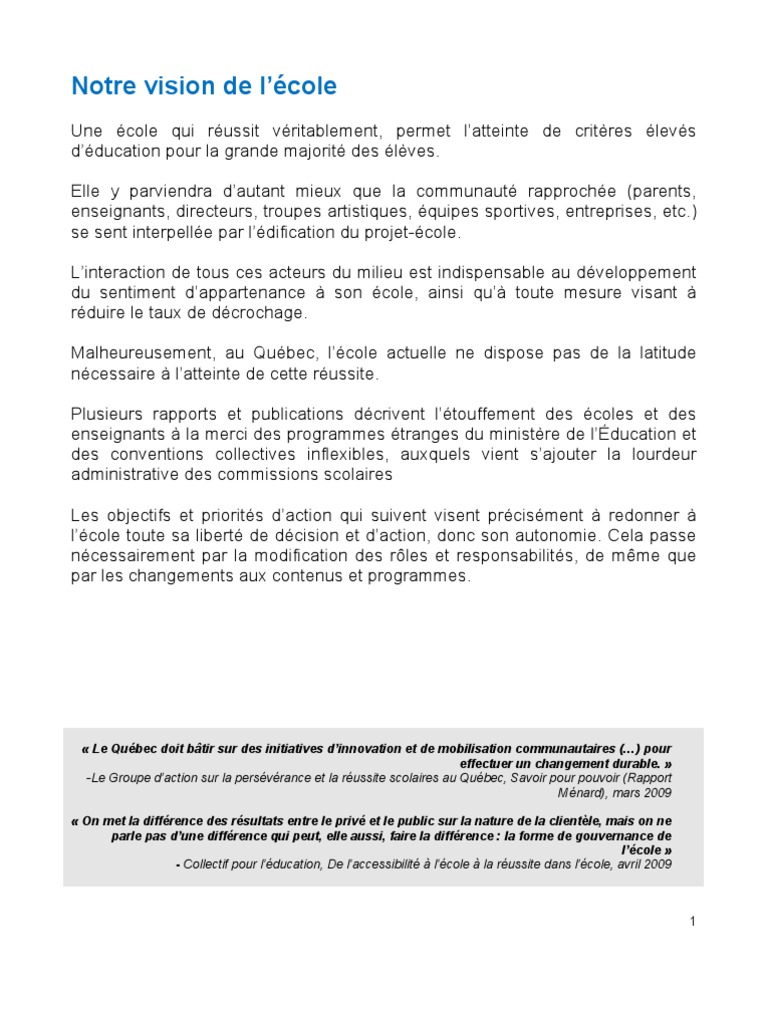 Vision pour une École Autonome et Réussie | PDF | Écoles | Enseignants