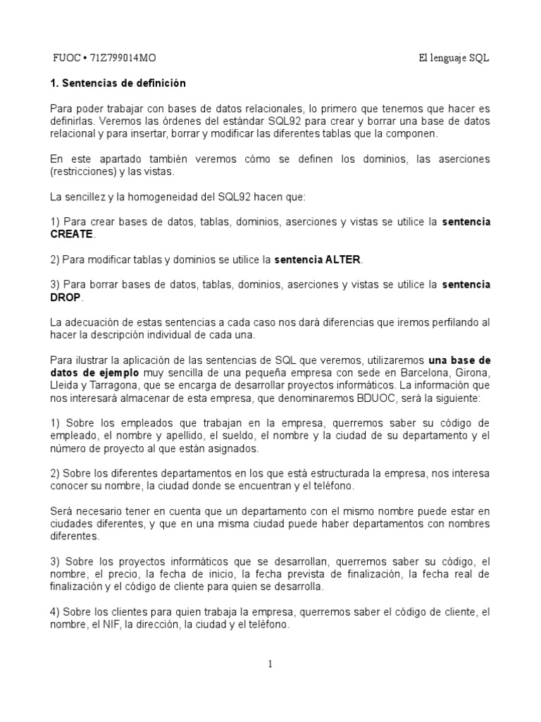 Sentencias de Definición | PDF | SQL | Bases de datos