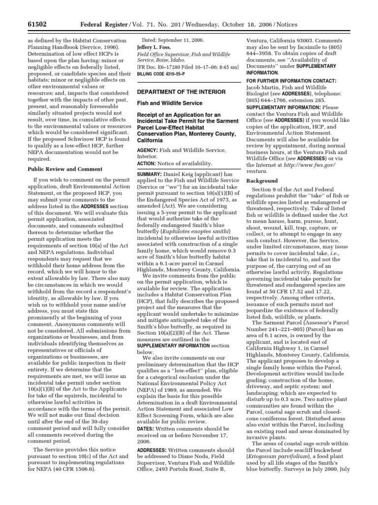 Notice: Endangered and Threatened Species: Incidental Take Permits ...