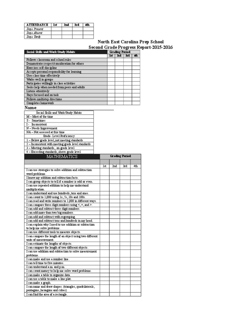 Second Grade Progress Report Template | PDF | Shape | Reading (Process)