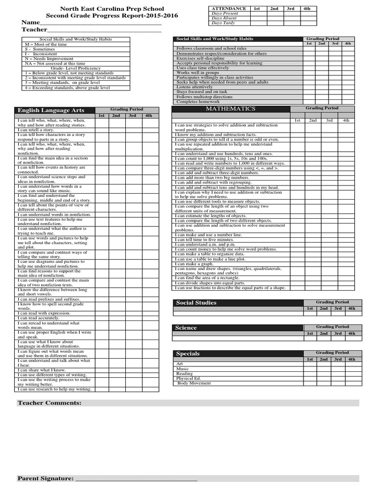 Second Grade Progress Report Template | PDF | Shape | Area
