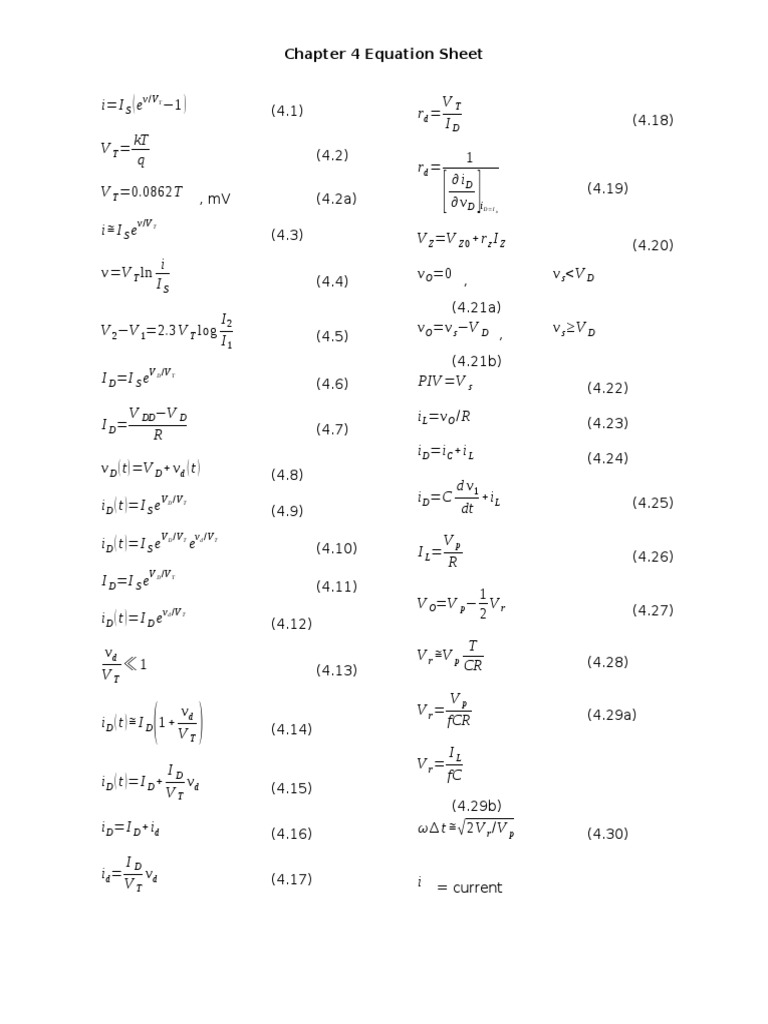 Chapter 4 Equation Sheet For Microelectronic Circuits 7th Edition | PDF