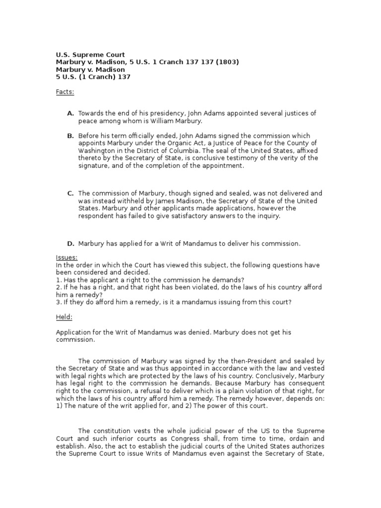 19) Marbury Vs Madison Case Digest | PDF | Marbury V. Madison | Supreme ...