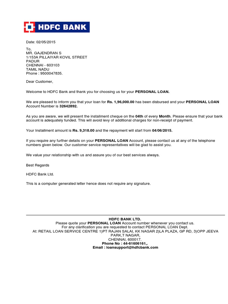 Personal Loan Disbursement Letter and Account Details for Mr. Gajendran ...