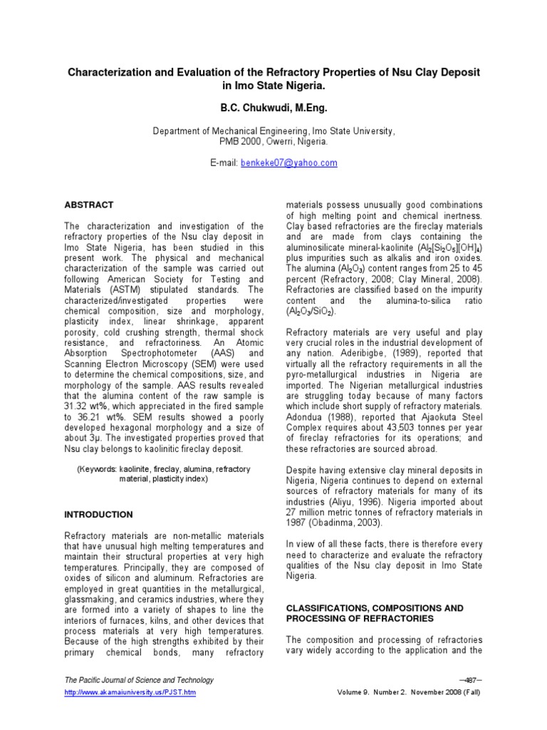 Characterization and Evaluation of The Refractory Properties of Nsu ...