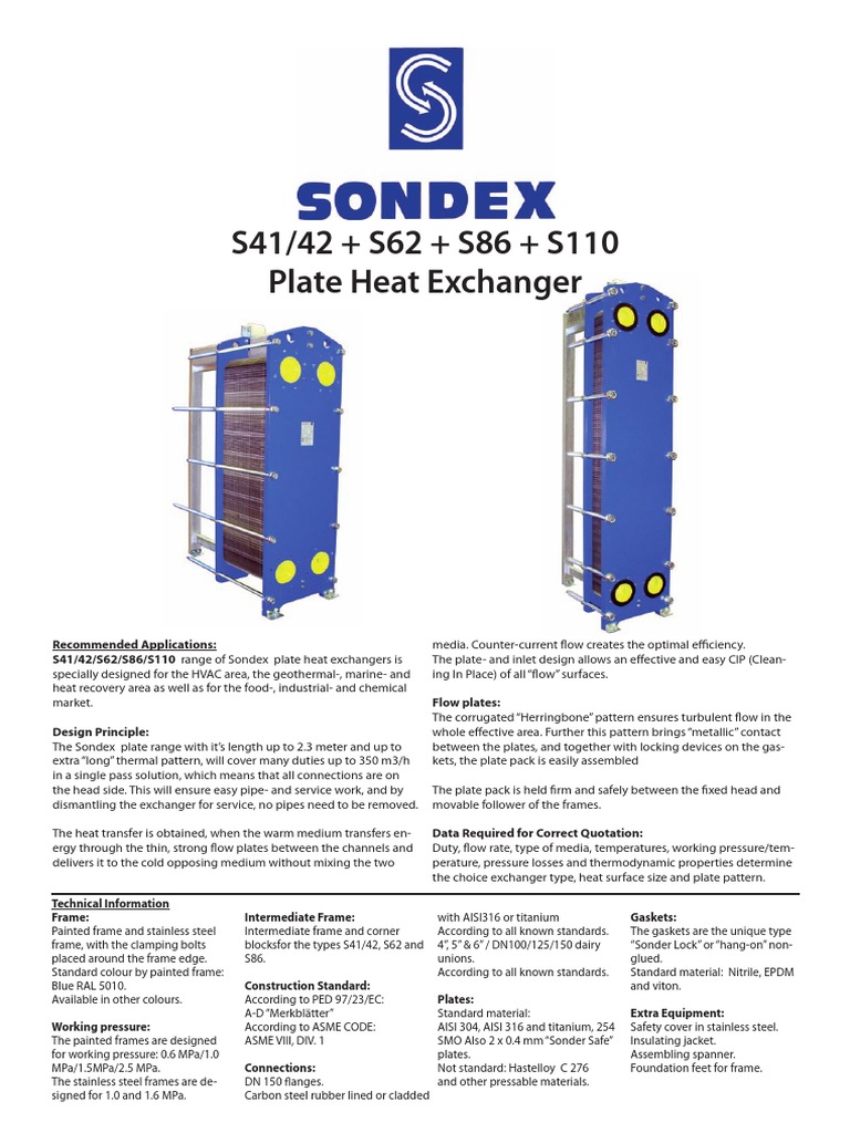 Sondex Plate Heat Exchanger Technical Specs | PDF | Heat Exchanger ...