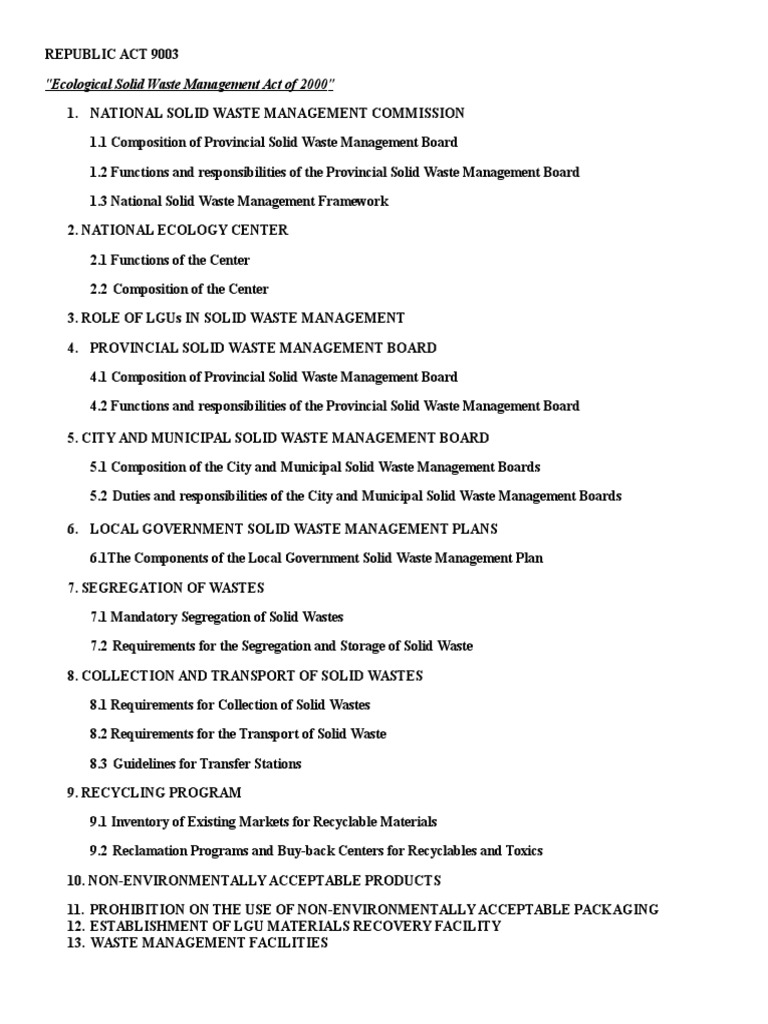 Outline & Summary of RA 9003 | Waste Management | Municipal Solid Waste