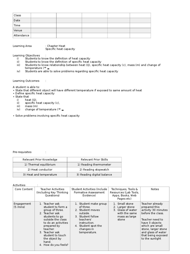 Specific Heat Capacity Lesson Plan | PDF | Heat Capacity | Heat