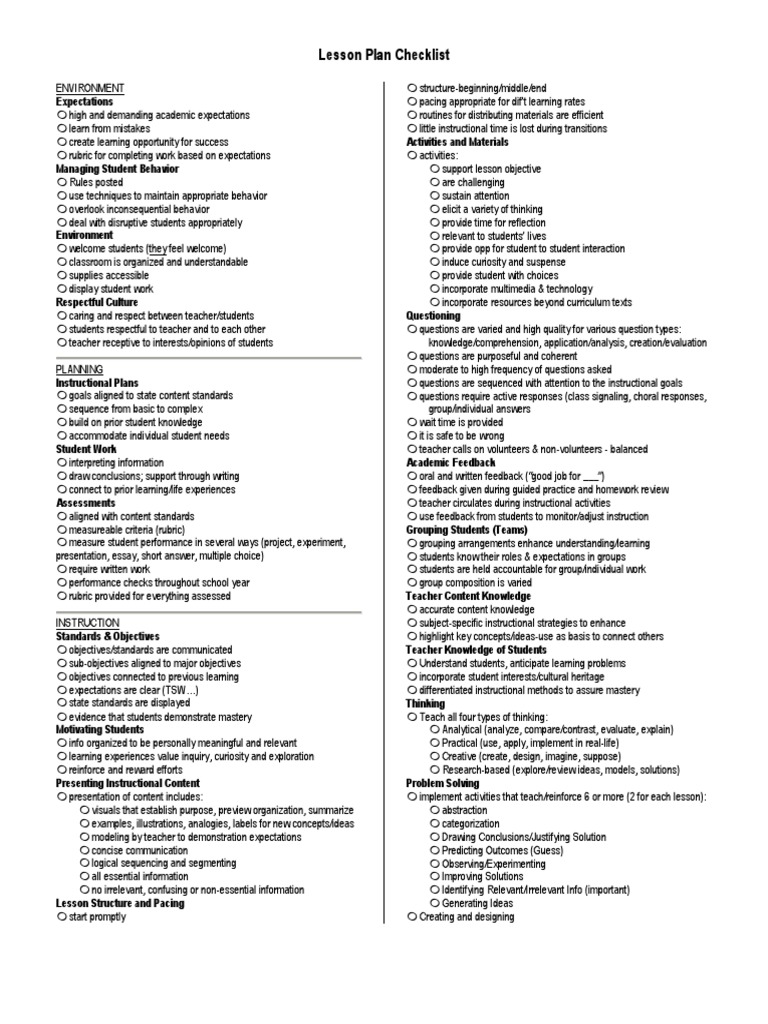 Comprehensive Lesson Plan Checklist | PDF | Lesson Plan | Teachers