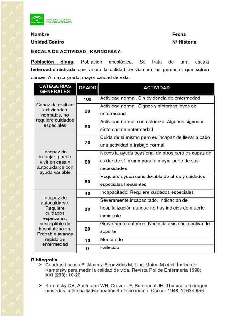 Escala de Karnofsky en Oncología | PDF | Enfermedades y trastornos ...