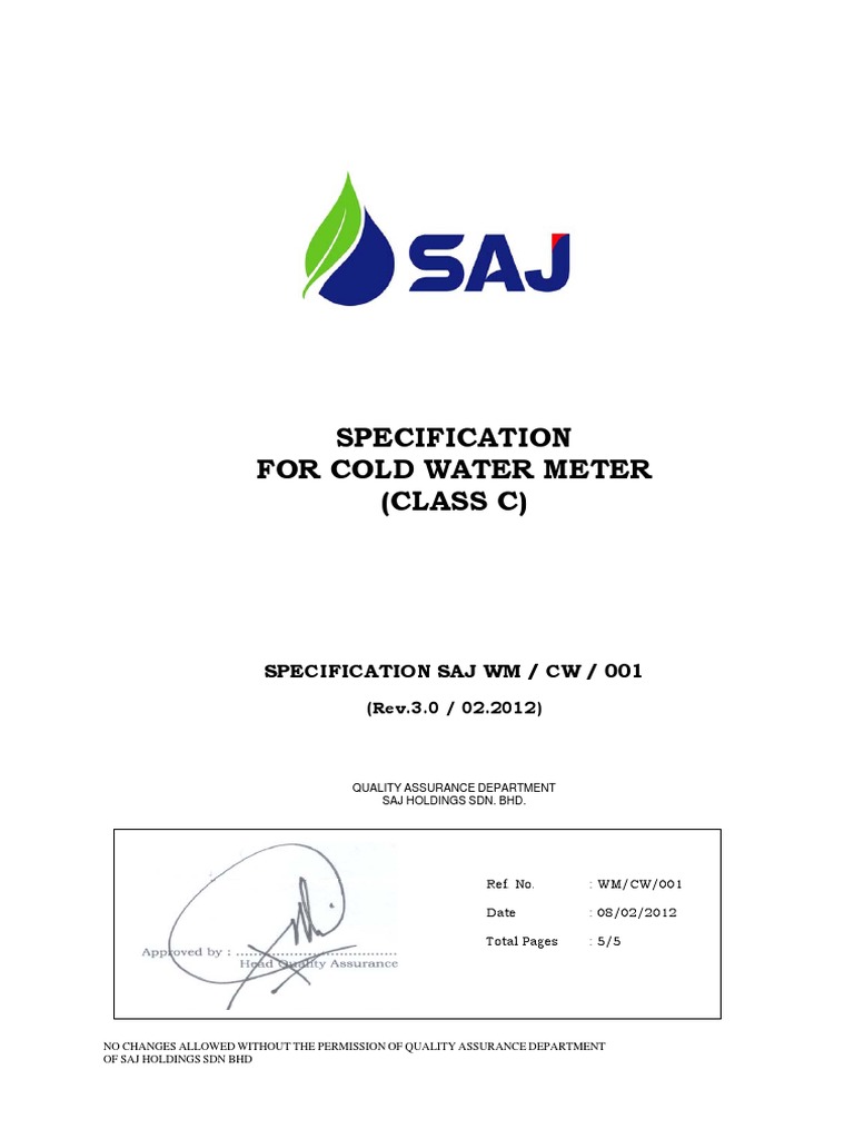 Specification For Cold Water Meter (Class C) : Specification Saj WM ...