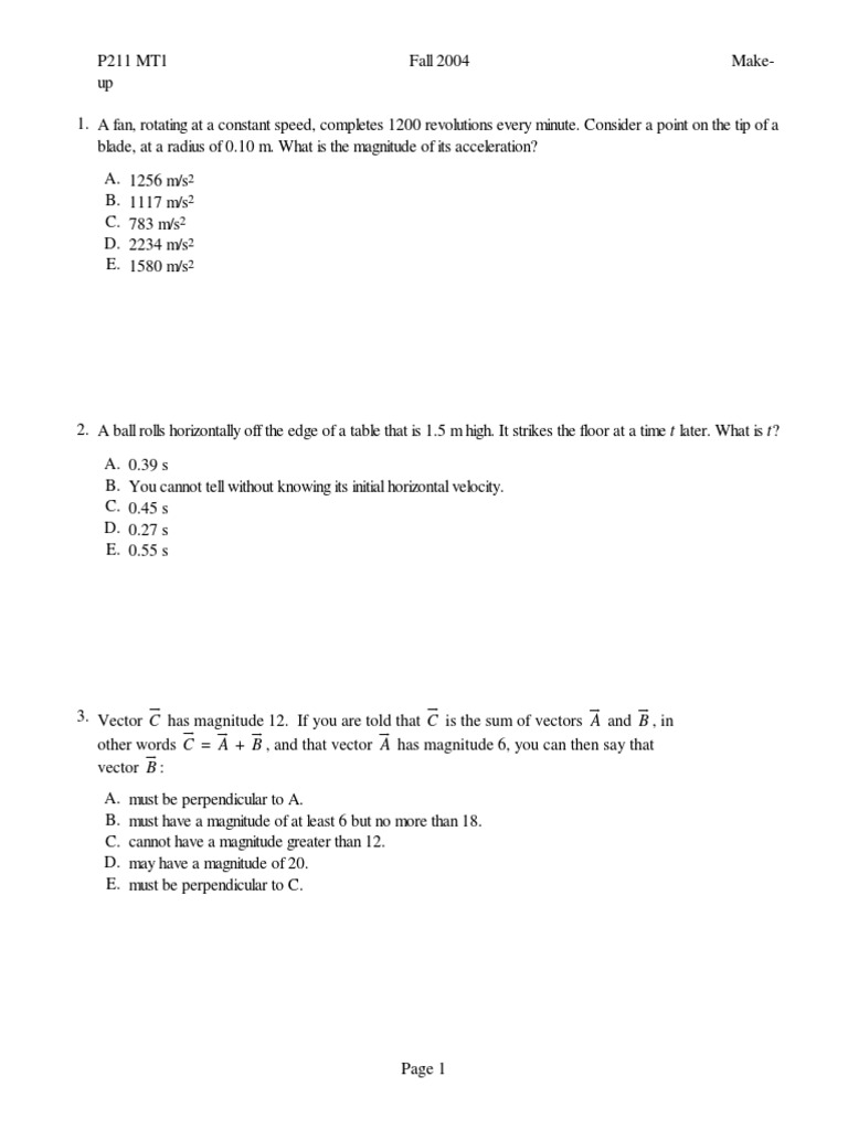 PHYS 211 Exam 1 Sample 2 With Key PDF | PDF | Force | Mass