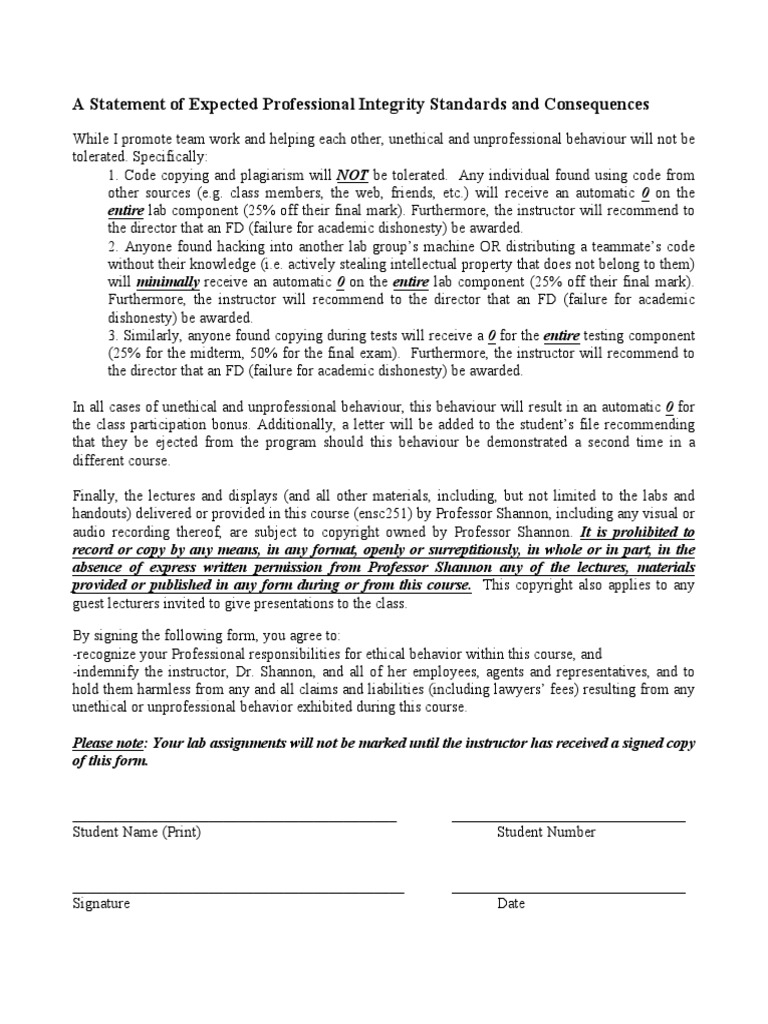 A Statement of Expected Professional Integrity Standards and ...