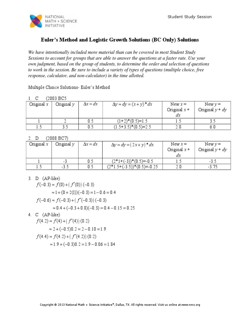 Eulers Method and Logisitic Growth - SOLUTIONS | PDF | Logistic ...