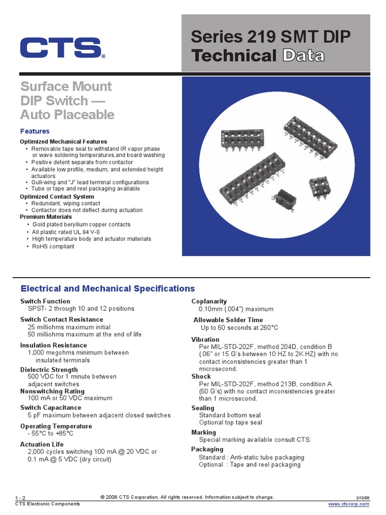 Series 219 SMT DIP: Surface Mount DIP Switch - Auto Placeable | PDF ...