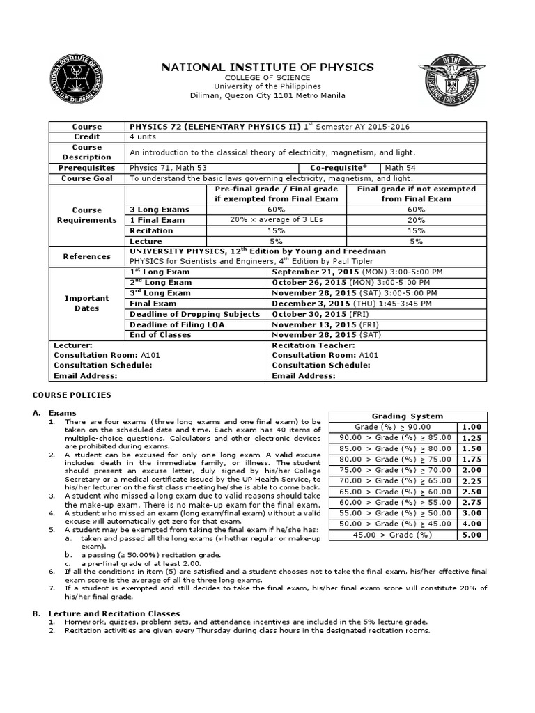 Physics 72 Syllabus | PDF | Inductance | Magnetic Field