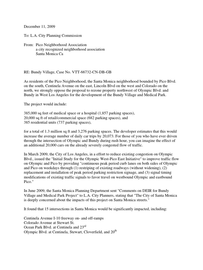 Pico Neighborhood Association Bundy Village Letter 12-11-2009 | Traffic ...