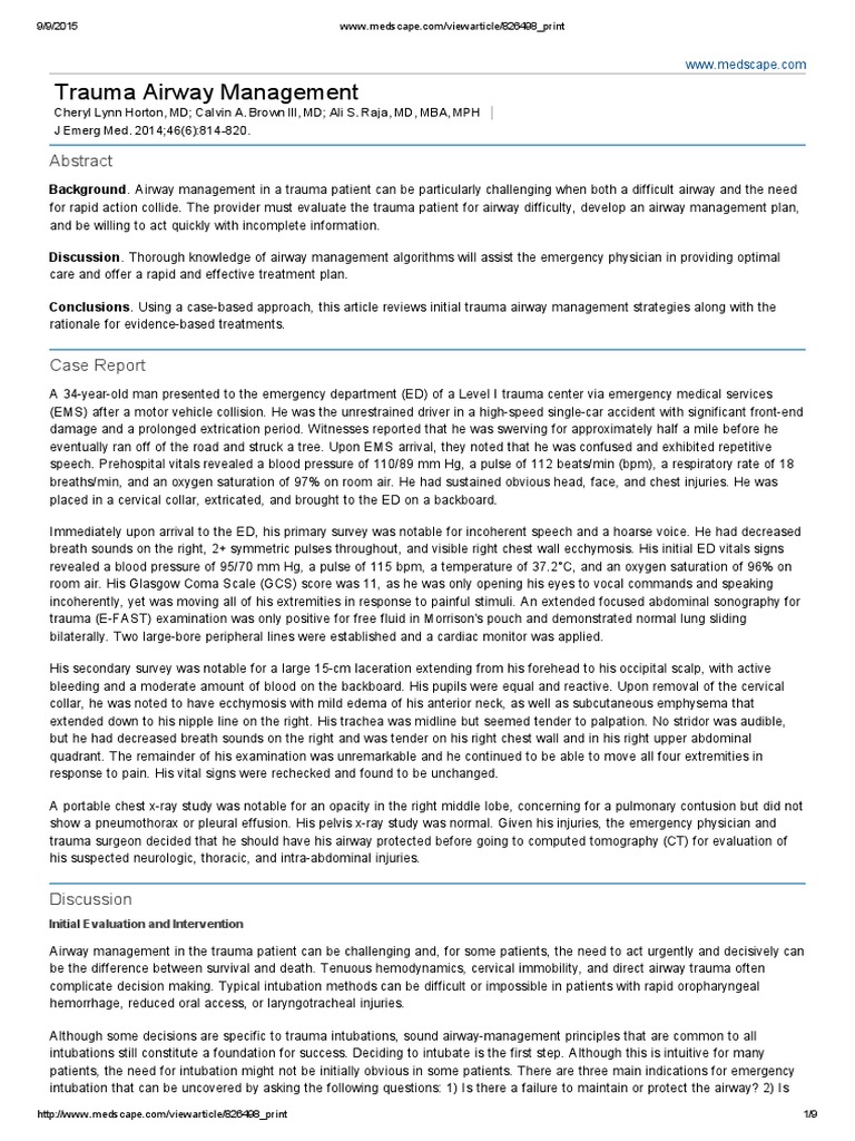 Trauma Airway Management (2014) | PDF | Major Trauma | Medical Specialties