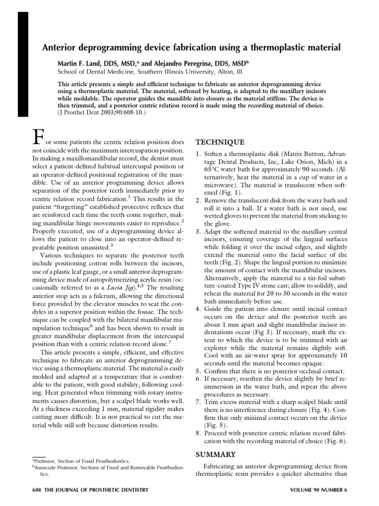 Anterior Deprogramming Device Fabrication Using A Thermoplastic ...