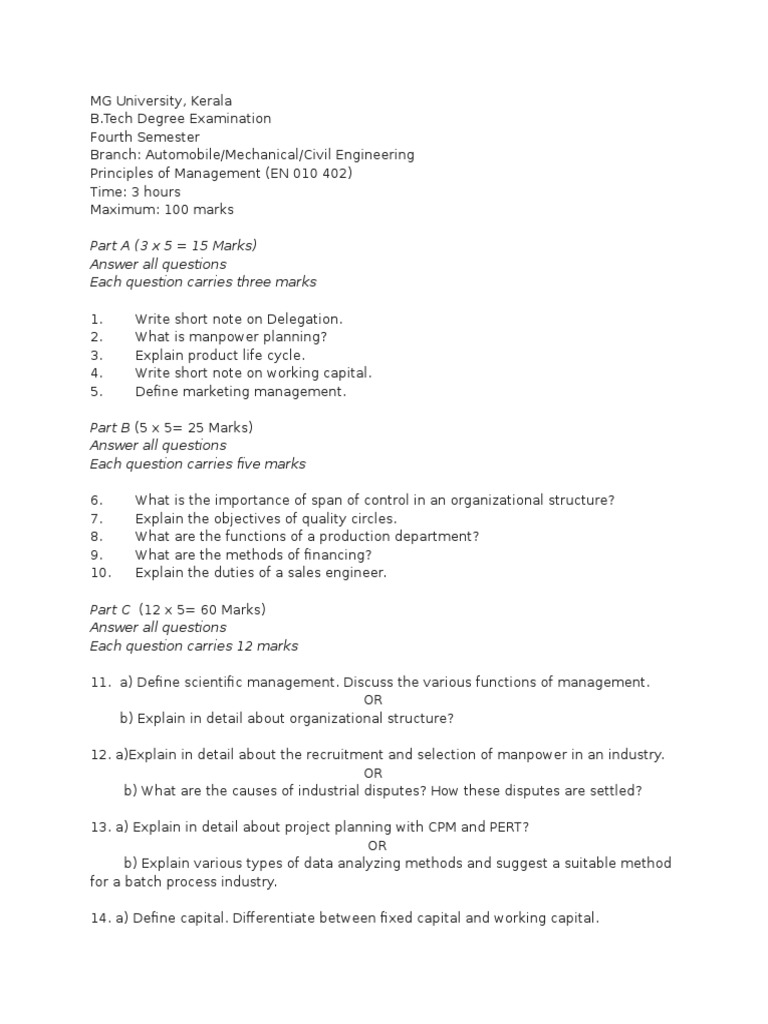 B.Tech Exam: Principles of Management | PDF | Business