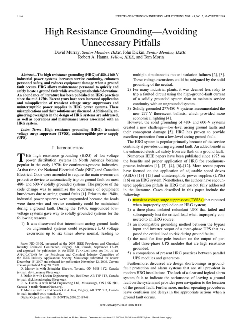 2009high Resistance Grounding | PDF | Transformer | Rectifier