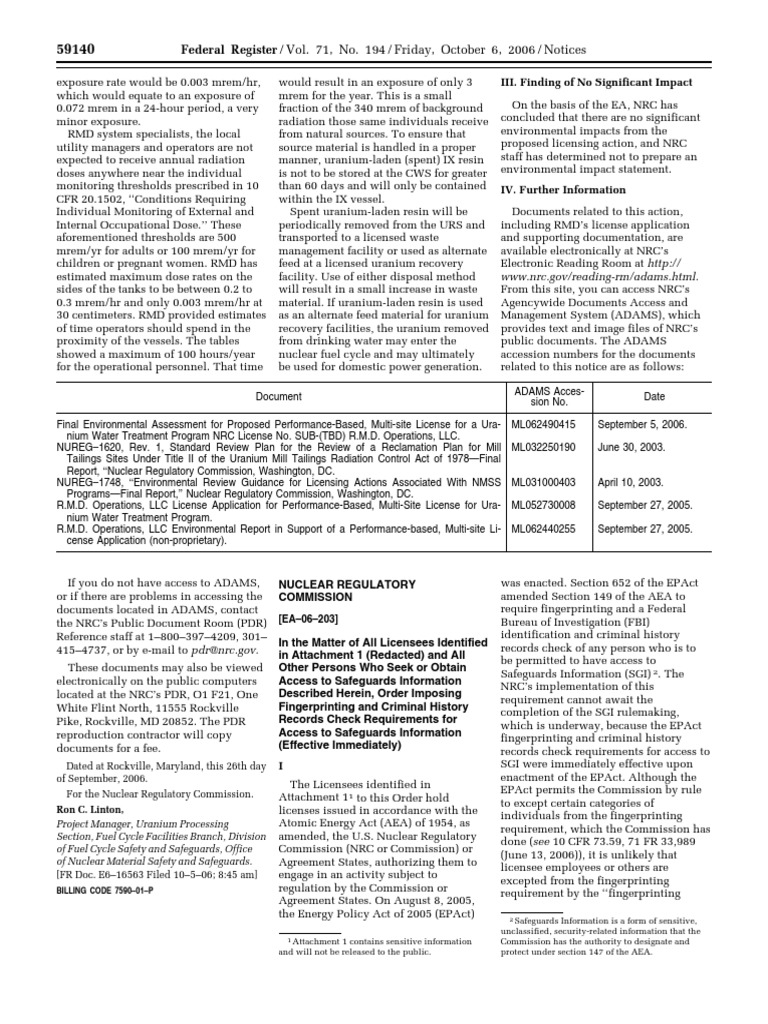 Notice: Environmental Statements Availability, Etc.: Safeguards ...