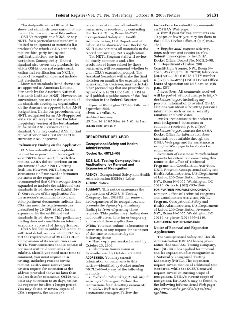 Notice: Nationally Recognized Testing Laboratories, Etc.: SGS U.S ...