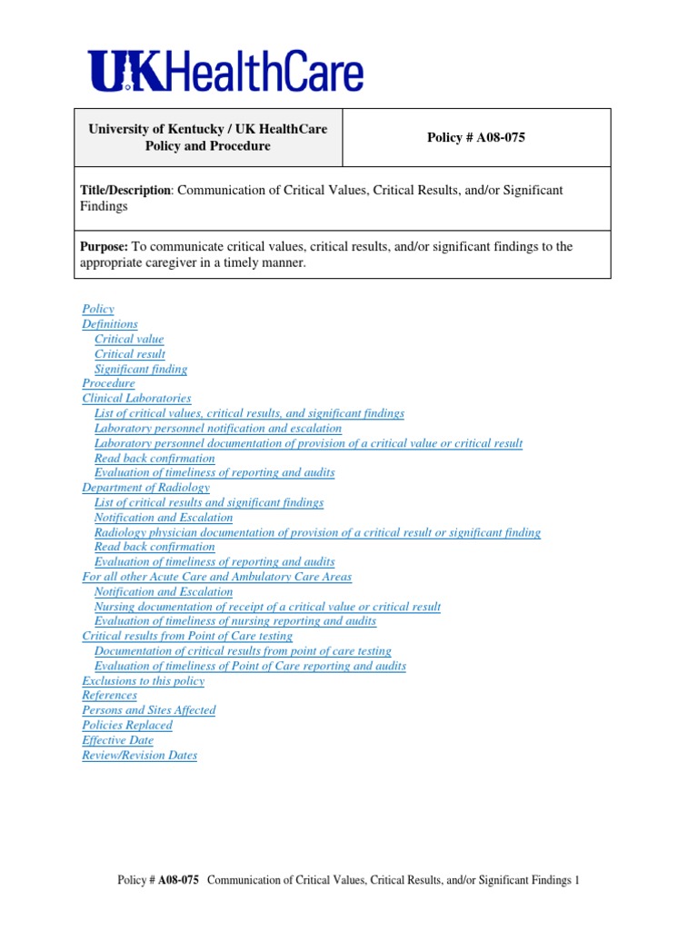 Policy Critical Result | PDF | Electronic Health Record | Medical Record