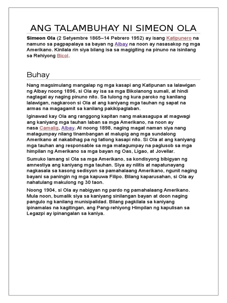 Ang Talambuhay Ni Simeon Ola | PDF
