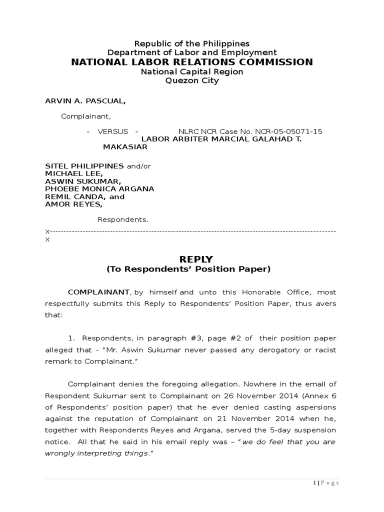 Sample Reply To Respondents' Position Paper | PDF | Withholding Tax ...