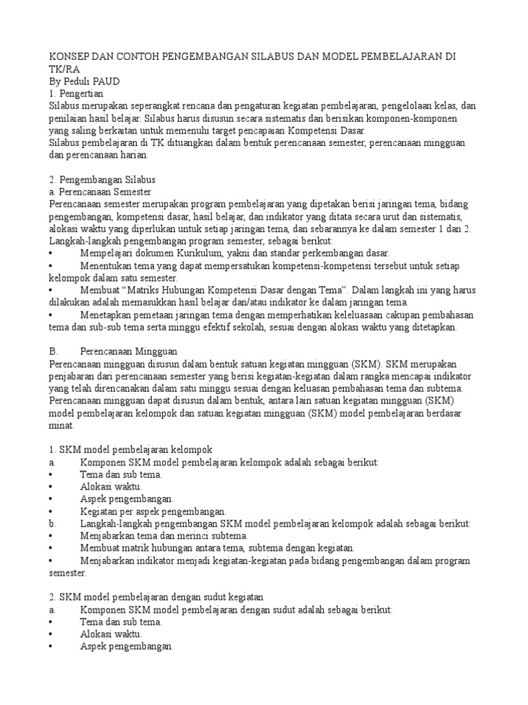 Konsep Dan Contoh Pengembangan Silabus Dan Model Pembelajaran Di TK | PDF