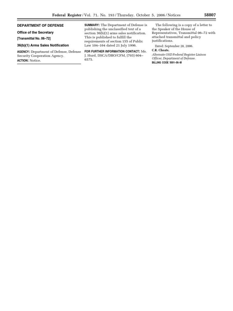 Notice: Arms Sales Notification Transmittal Letter, Etc. | PDF | United ...