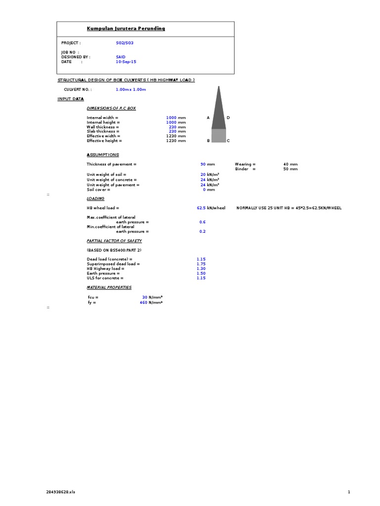 Single Box Culvert Structural Design 1.5m X 1.5m | PDF | Structural ...