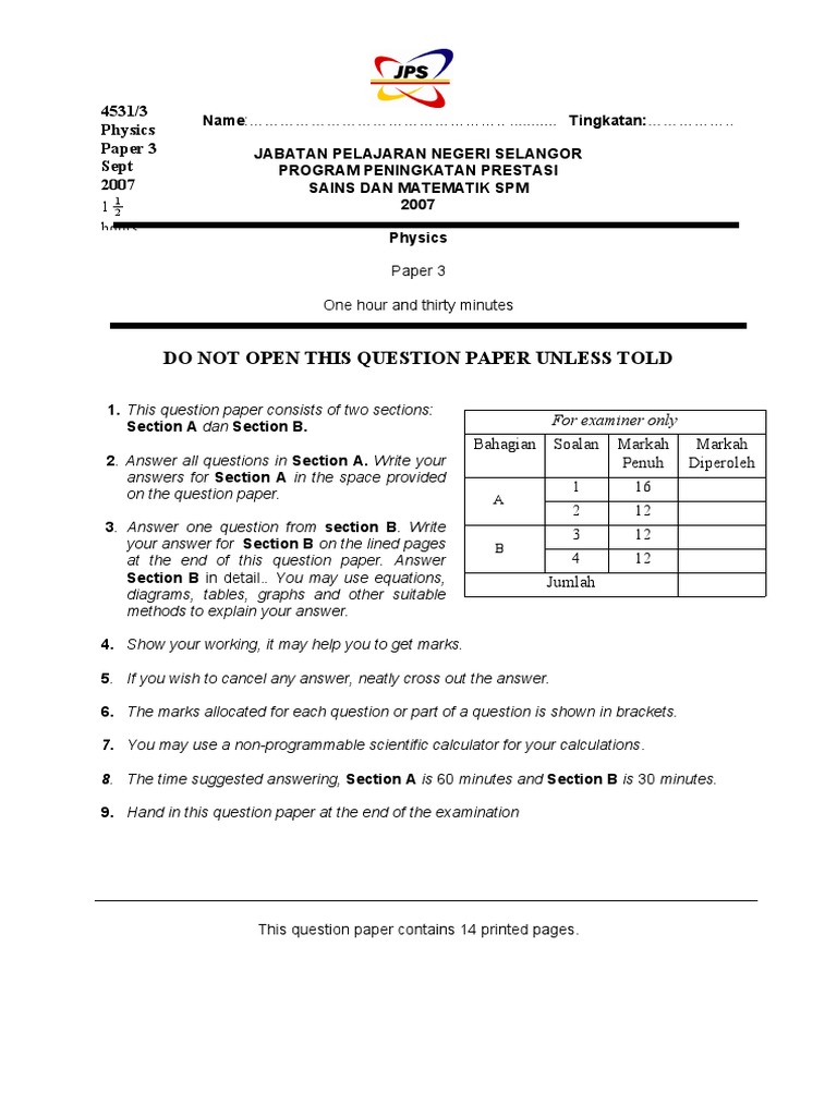 Selangor-Physics P3-Trial SPM 2007 | PDF | Physics | Experiment