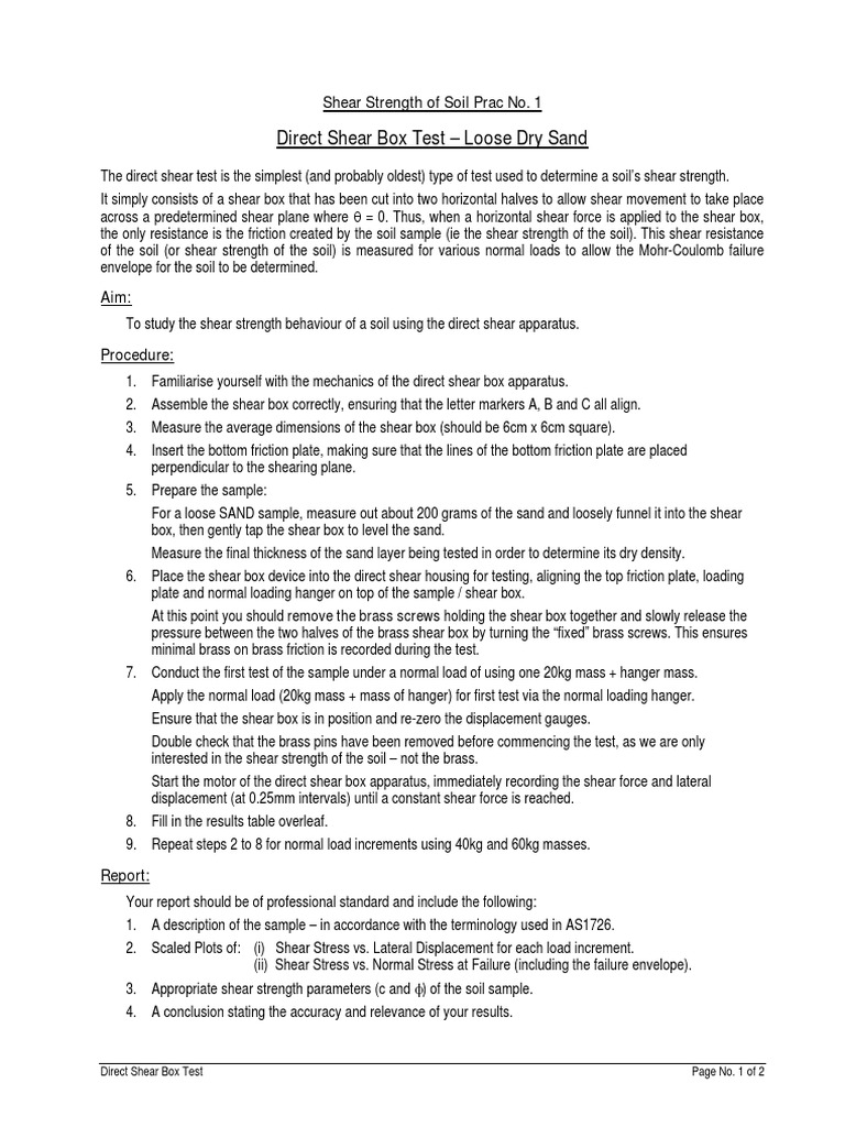 Geomechanics - Lab Session No 8 - Direct Shear Test Sheet | PDF ...