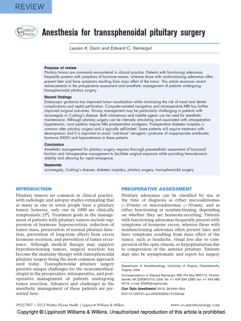 Anesthesia For Transsphenoidal Pituitary Surgery. | PDF | Anesthesia ...