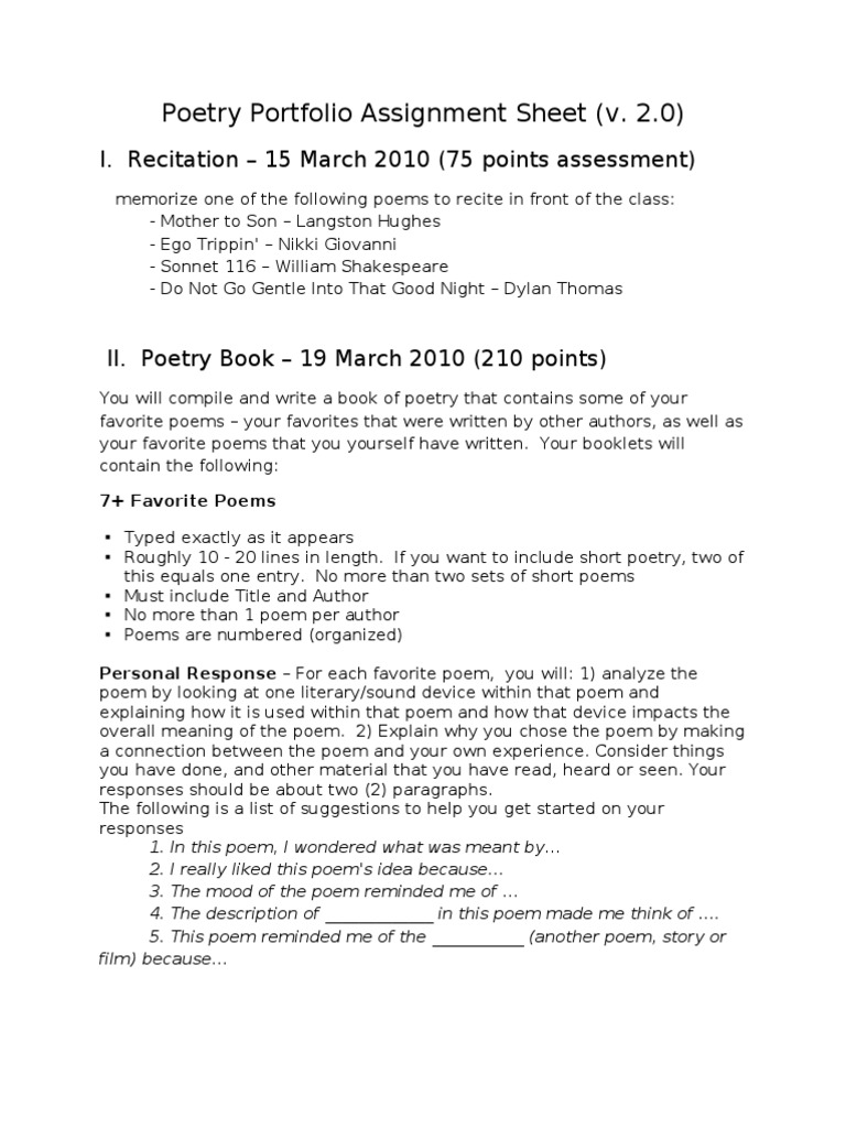 Poetry Portfolio Assignment Sheet | PDF | Poetic Form | Poetry