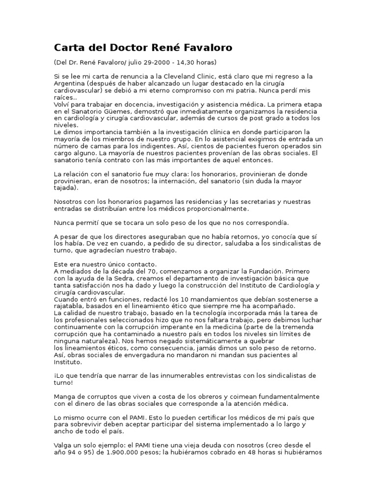 Carta Doctor Favaloro | Cuidado de la salud | Salud pública | Prueba ...