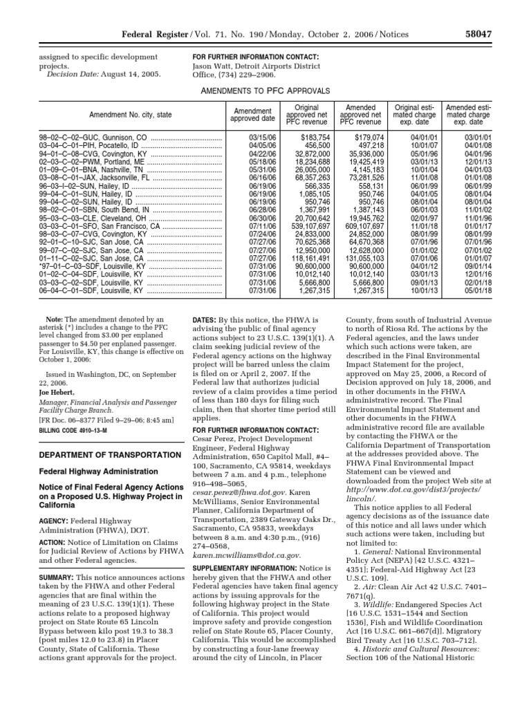 Notice: Highway Planning and Construction Licenses, Permits, Approvals ...