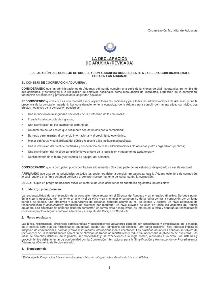 Declaración de Arusha Revisada, OMA | PDF | aduana | Corrupción política