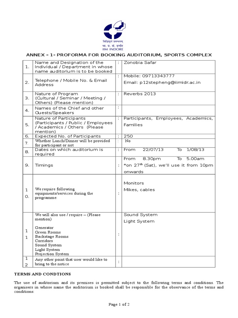 Annex - 1-Proforma For Booking Auditorium, Sports Complex | PDF ...