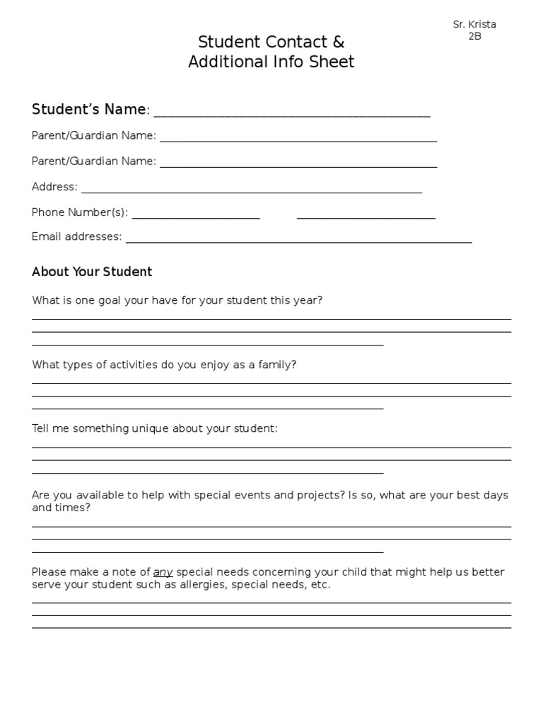 Student Info & Contact Sheet Template | PDF
